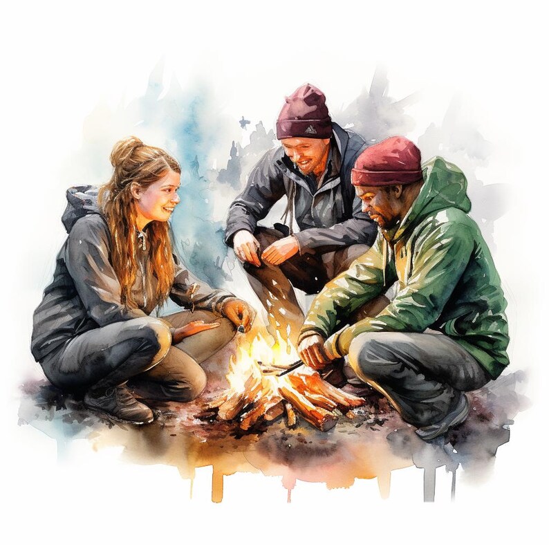 People Sitting by the Campfire, Printable Watercolor Clipart, 10 High ...