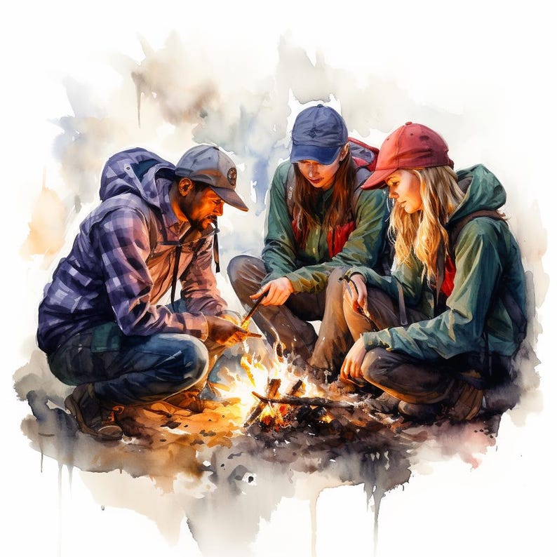 People Sitting by the Campfire, Printable Watercolor Clipart, 10 High ...