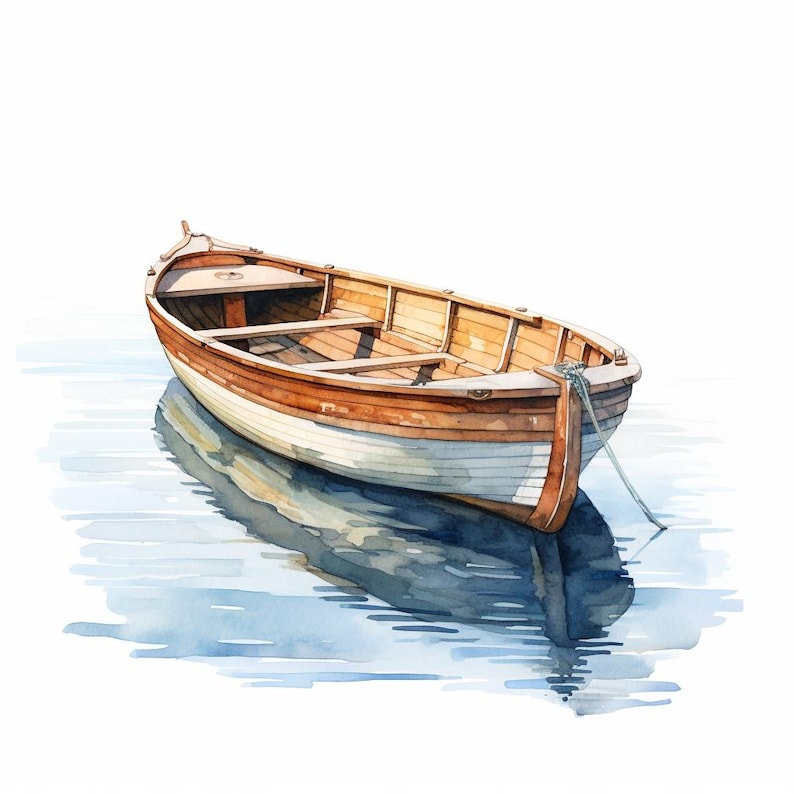 Wooden Boat on Water, Printable Watercolor Clipart Bundle, 10 High ...