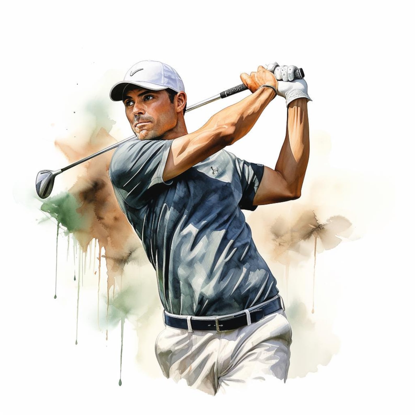 Golfer in Mid-swing, Printable Watercolor Clipart, 10 High Quality ...