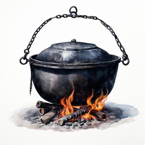 Cauldron Over Fire, Printable Watercolor Clipart, 10 High Quality ...
