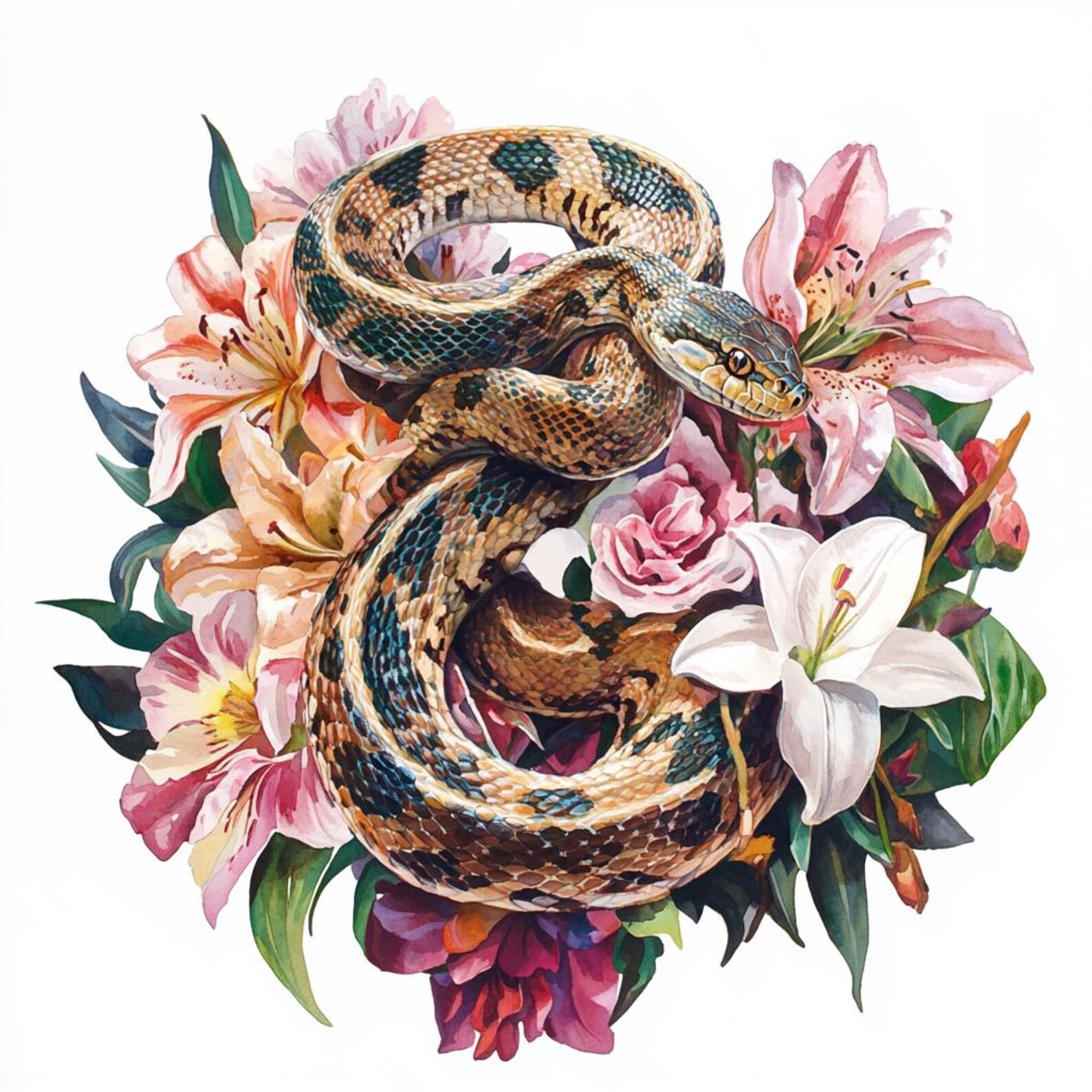 Snake in Flowers, Printable Watercolor Clipart, 10 High Quality ...