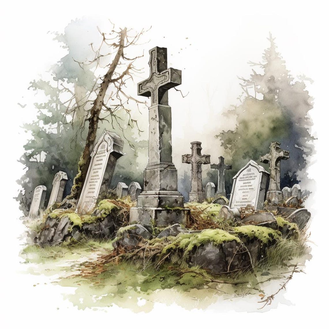 Cemetery Illustration, Gothic Graveyard Clipart, Printable Watercolor ...