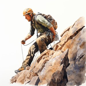 A Climber Climbs a Mountain, Printable Watercolor Clipart, 10 High ...