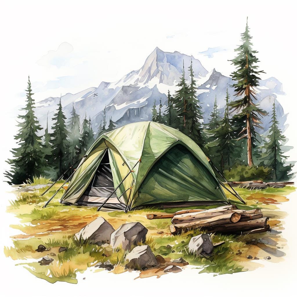 Camping Tent in Forest, Printable Watercolor Clipart, 10 High Quality ...