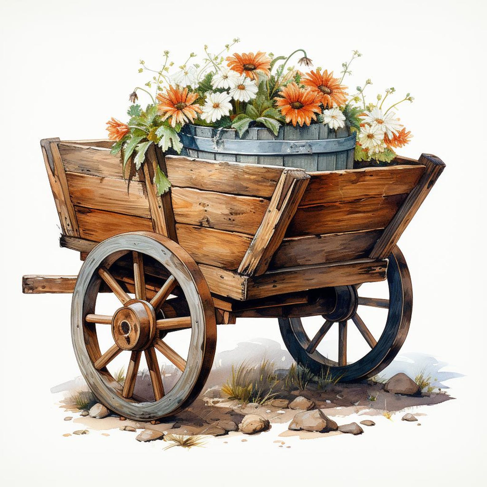 Vintage Wooden Wheelbarrows With Flowers, Printable Watercolor Clipart ...