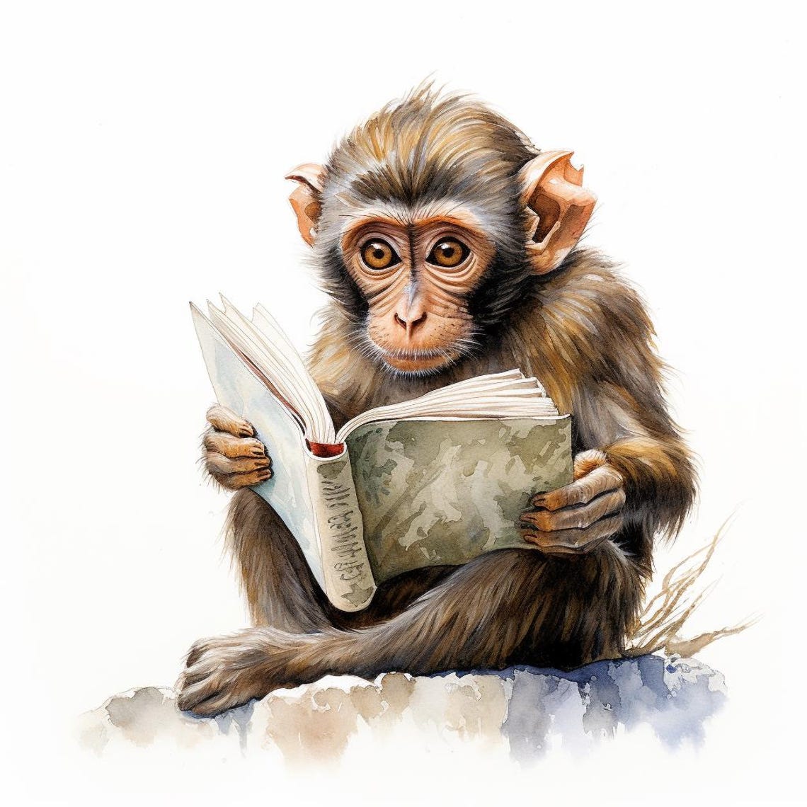 Monkey Reading, Printable Watercolor Clipart, 10 High Quality ...