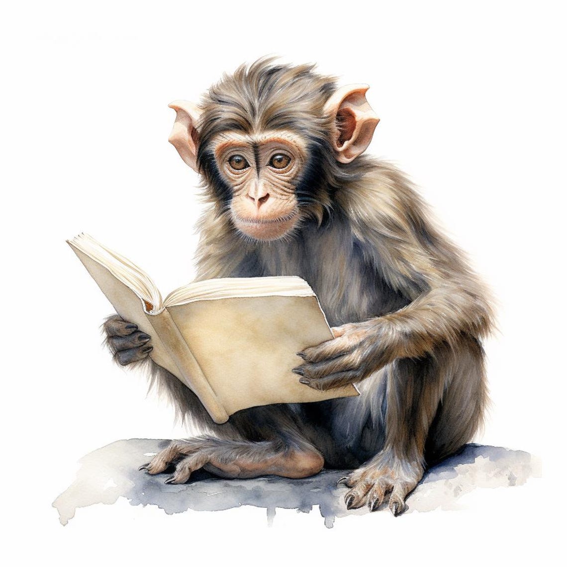 Monkey Reading, Printable Watercolor Clipart, 10 High Quality ...