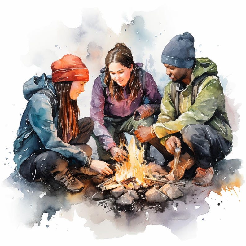 People Sitting by the Campfire, Printable Watercolor Clipart, 10 High ...