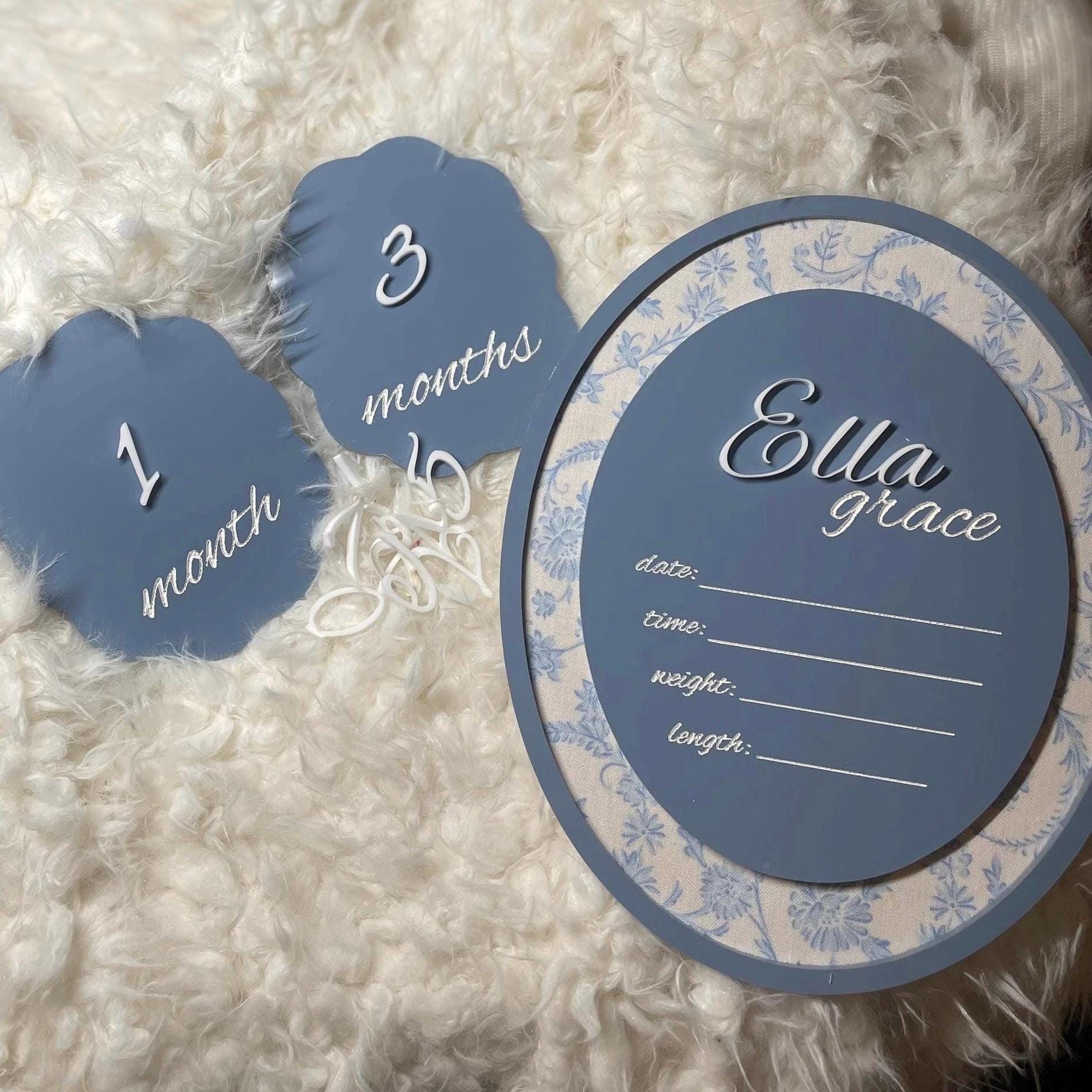 Floral Baby Name Sign: Smokey Blue Newborn Announcement, Wood Keepsake ...
