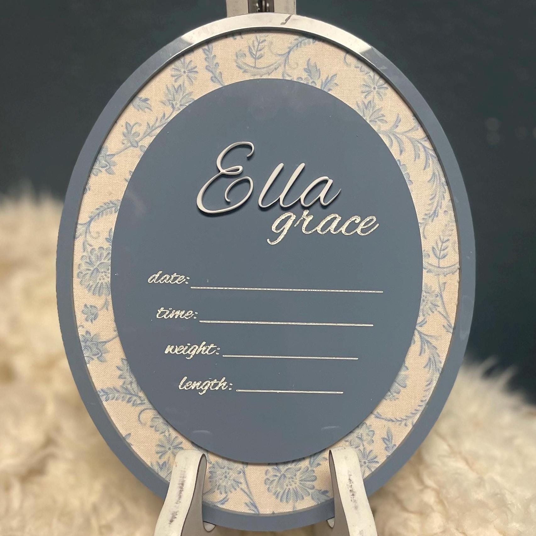 Floral Baby Name Sign: Smokey Blue Newborn Announcement, Wood Keepsake ...