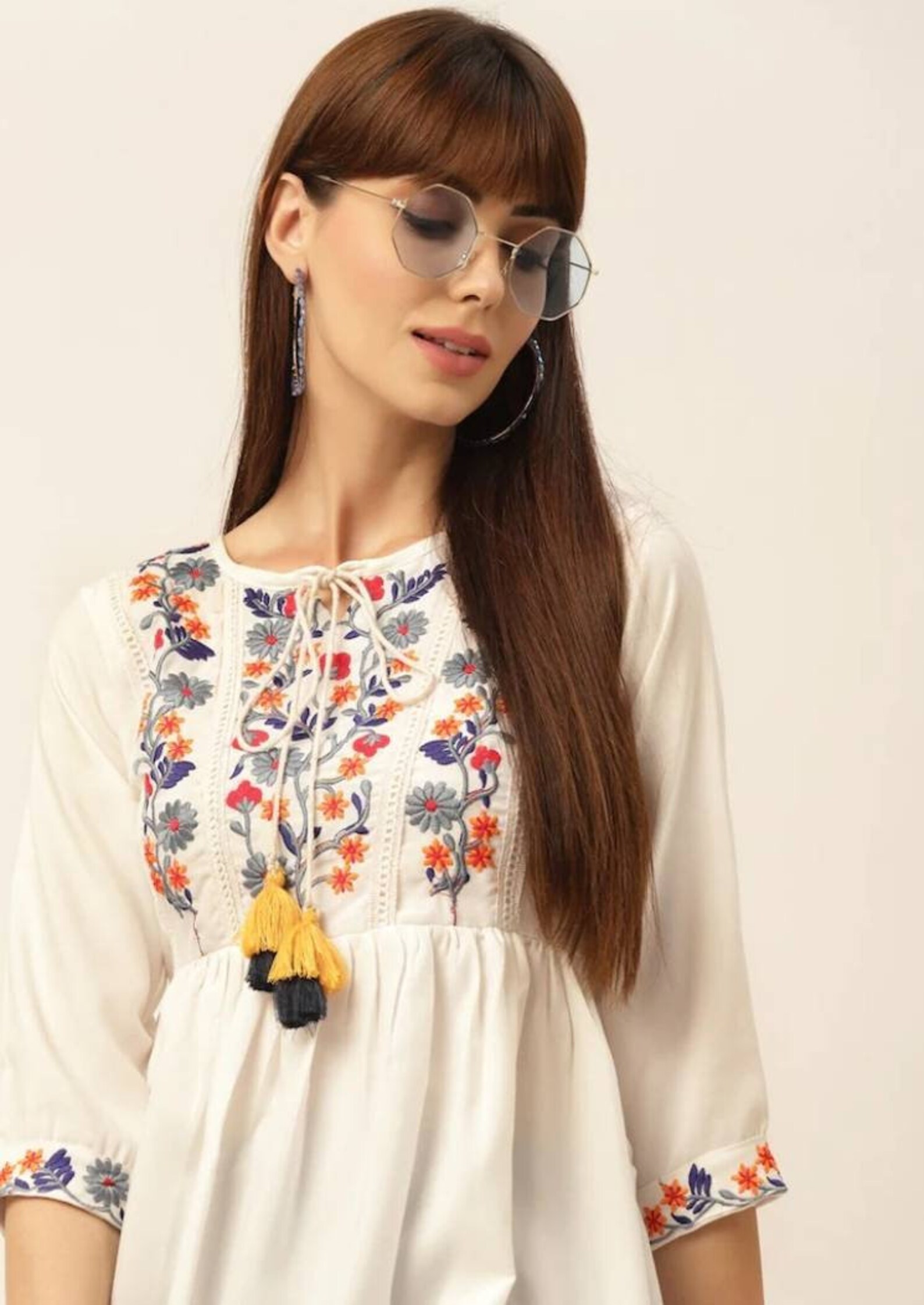 A-line Short Kurti White Floral Embroidered Thread Work Pure Cotton ...