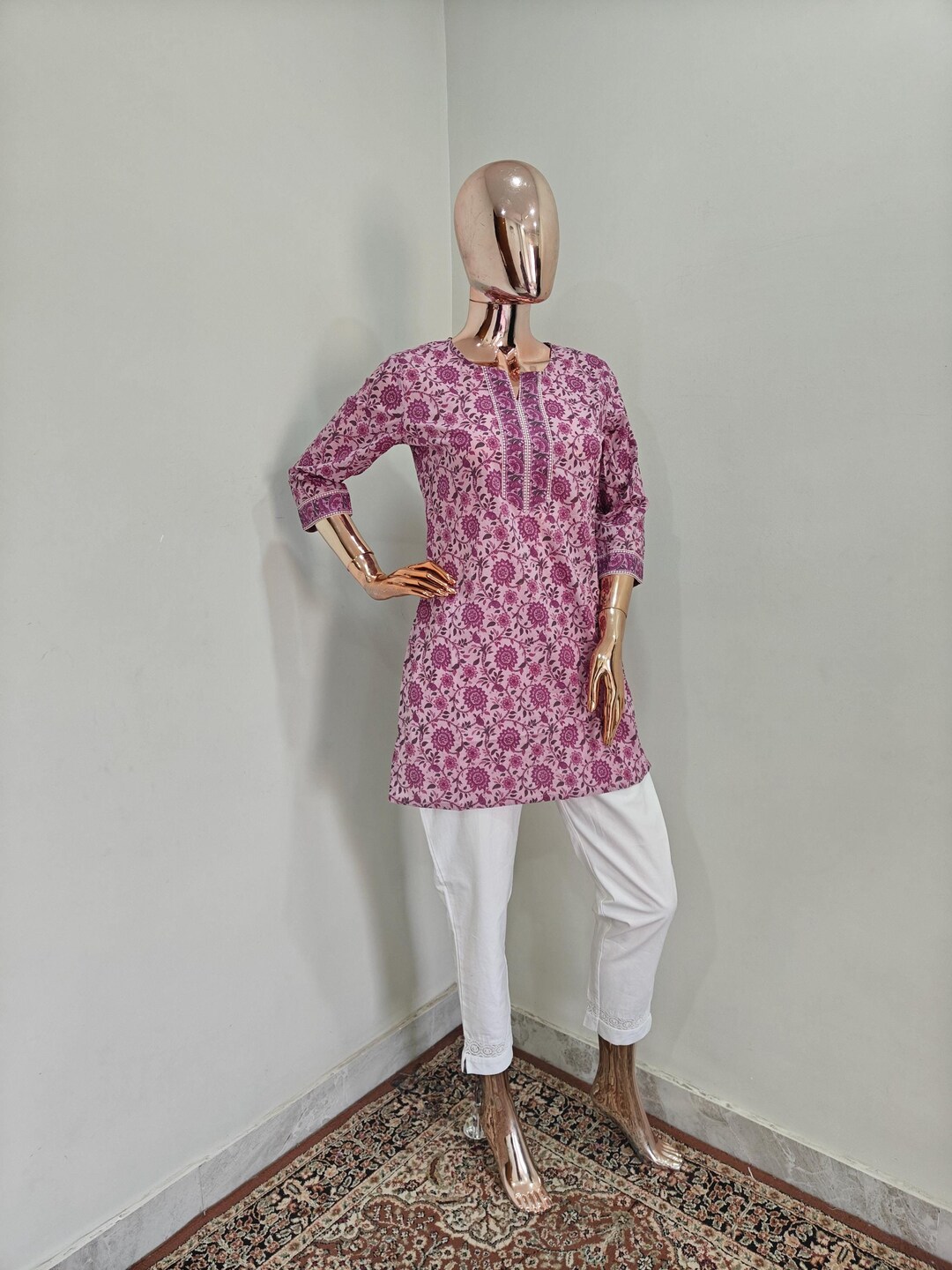 Indian Tunics for Women - Pink Printed Cotton Summer Tunic Top/ Kurti ...