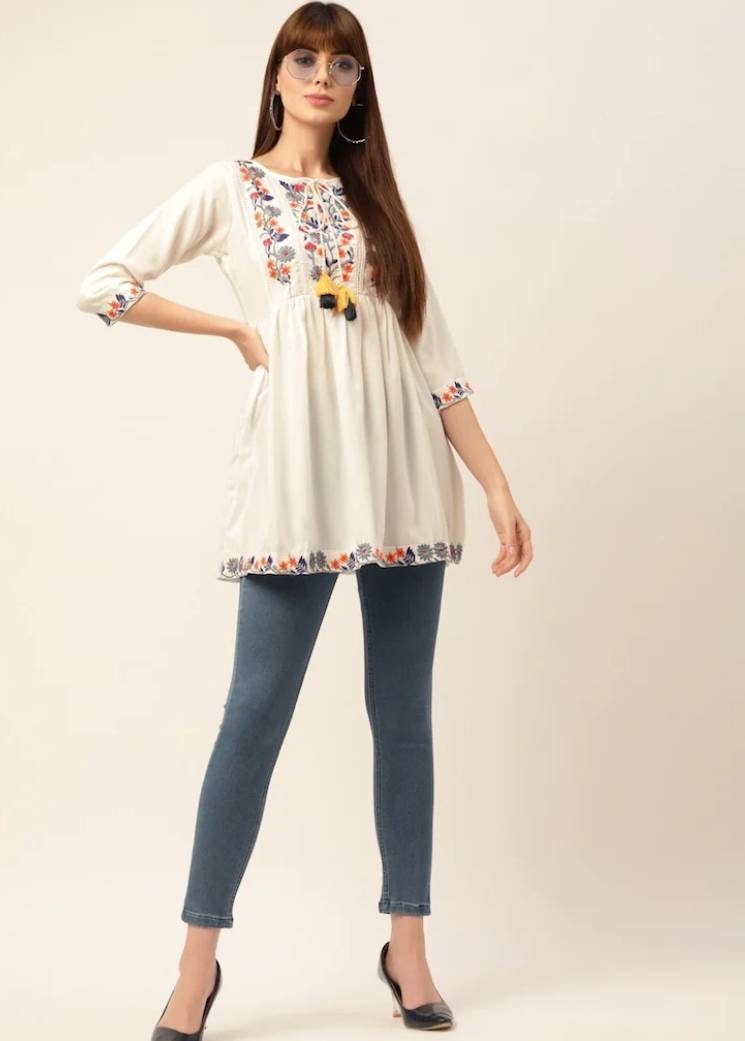A-line Short Kurti White Floral Embroidered Thread Work Pure - Etsy