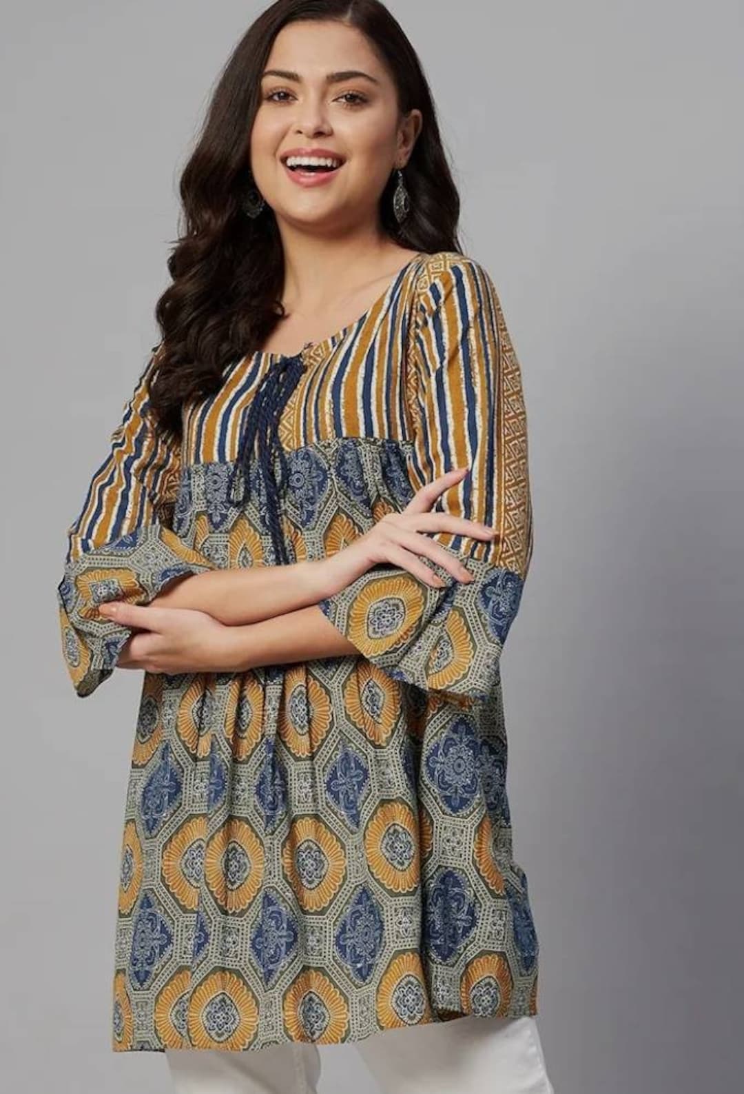 Printed Cotton Short Kurti Beige & Blue Printed Front Dori Opening ...