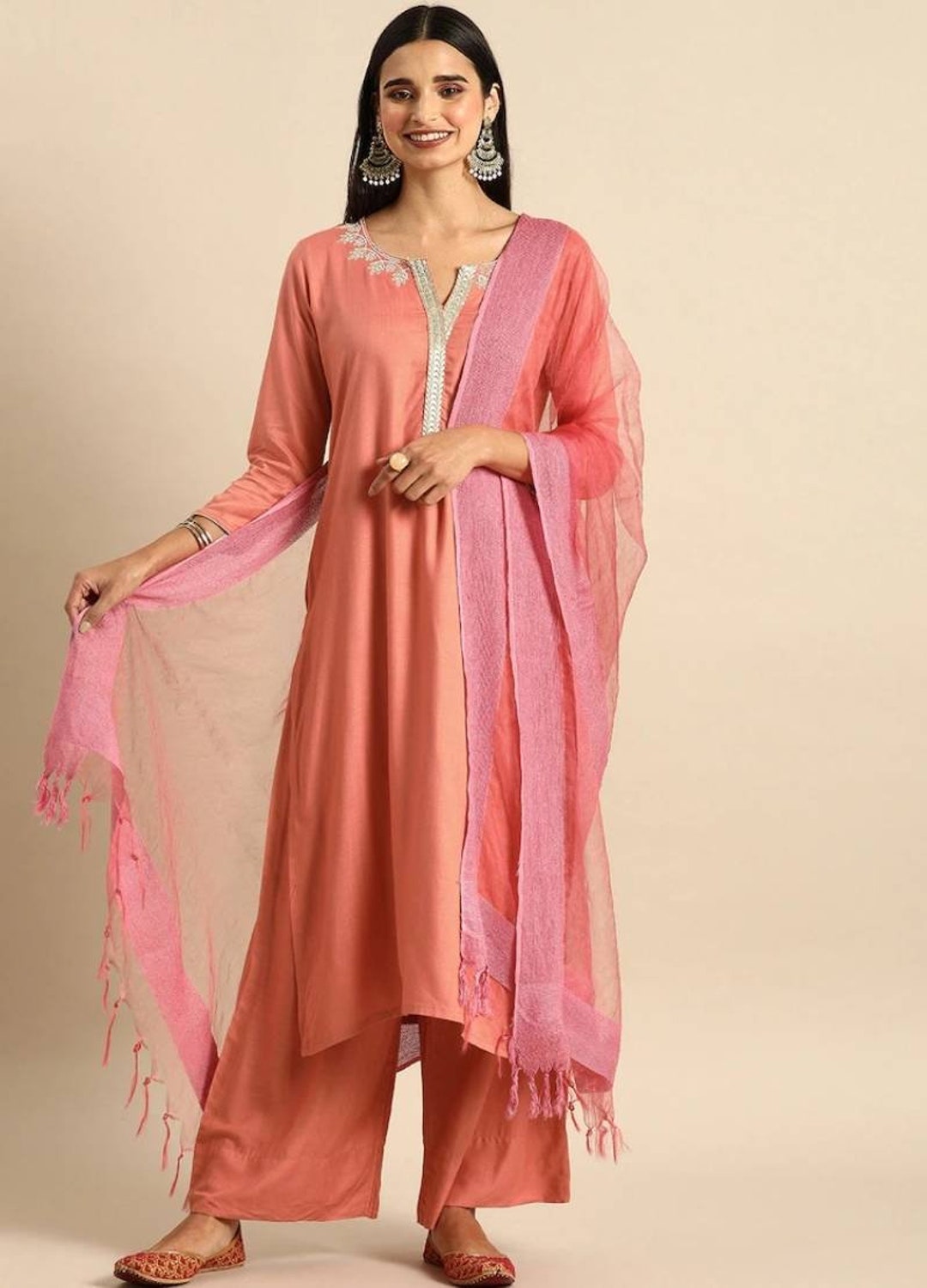 Silk Kurta Set Peach Colour Solid Kurta With Palazzos & Dupatta Salwar ...