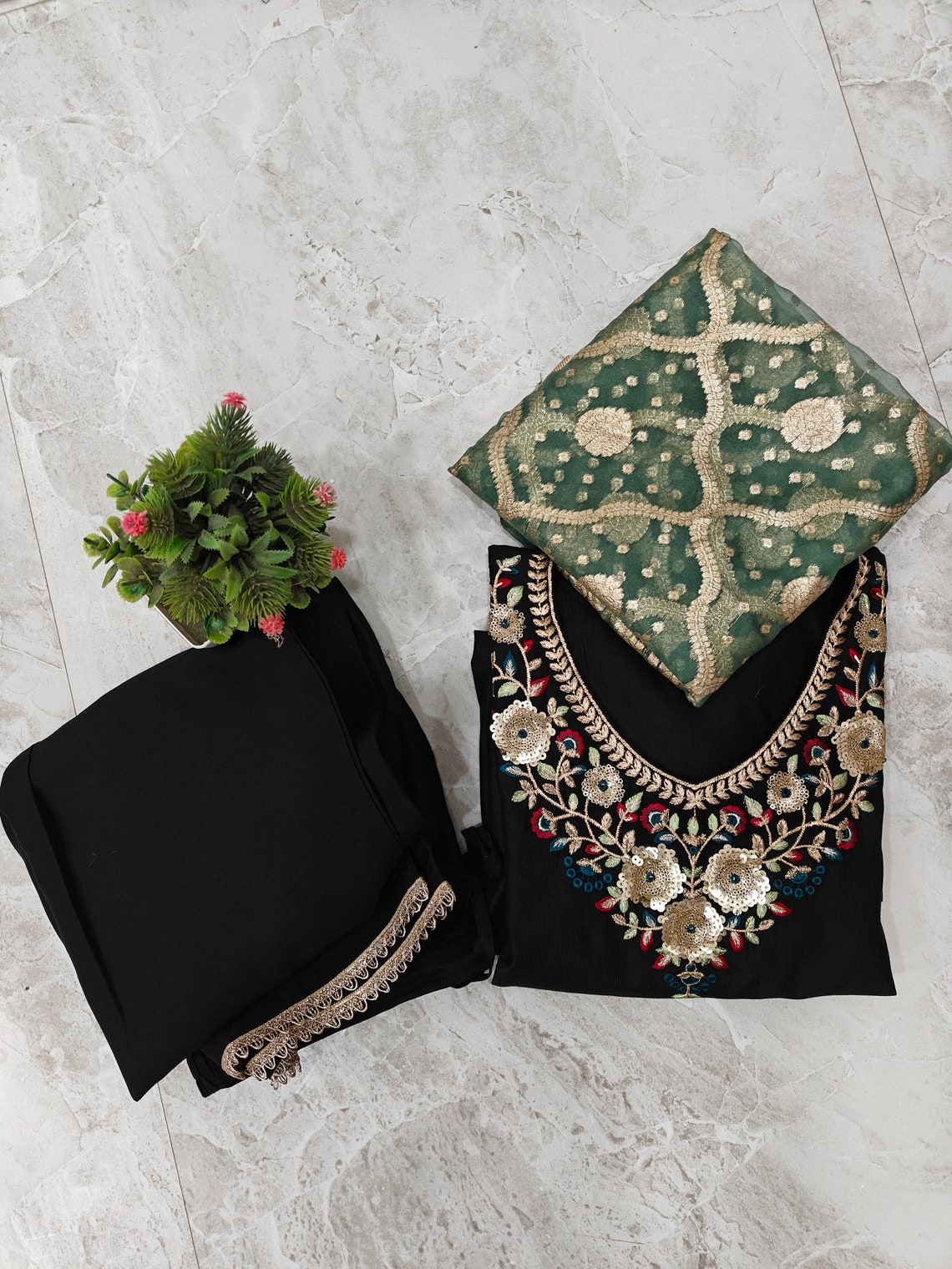 Silk Kurta Sets for Women - Black Embroidered Kurta Trousers & Dupatta ...