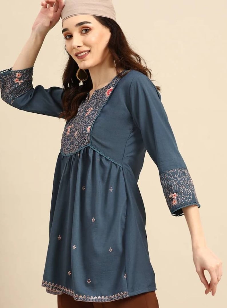 Indian Tunic Top Ethnic Kurti Teal Blue Embroidered - Etsy