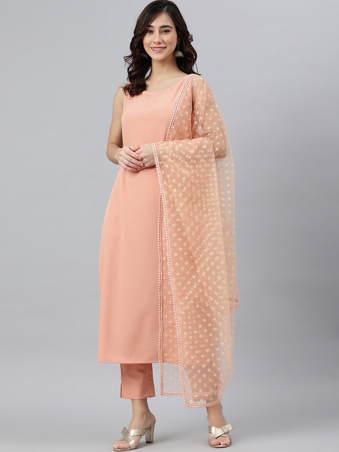 Party Wear Silk Kurta Set Peach Kurta With Trousers & Dupatta Salwar ...
