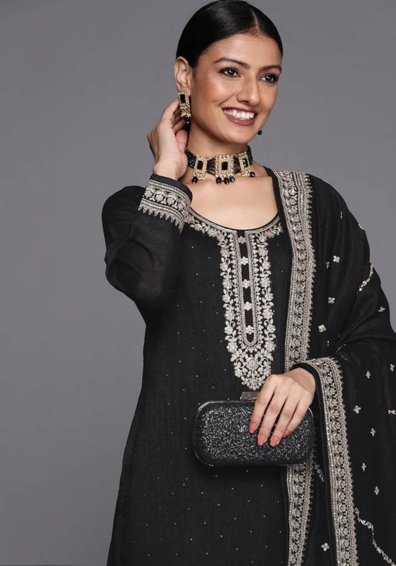 Silk Party Wear Kurta Set Indian Wedding Dress Women Black and Maroon ...