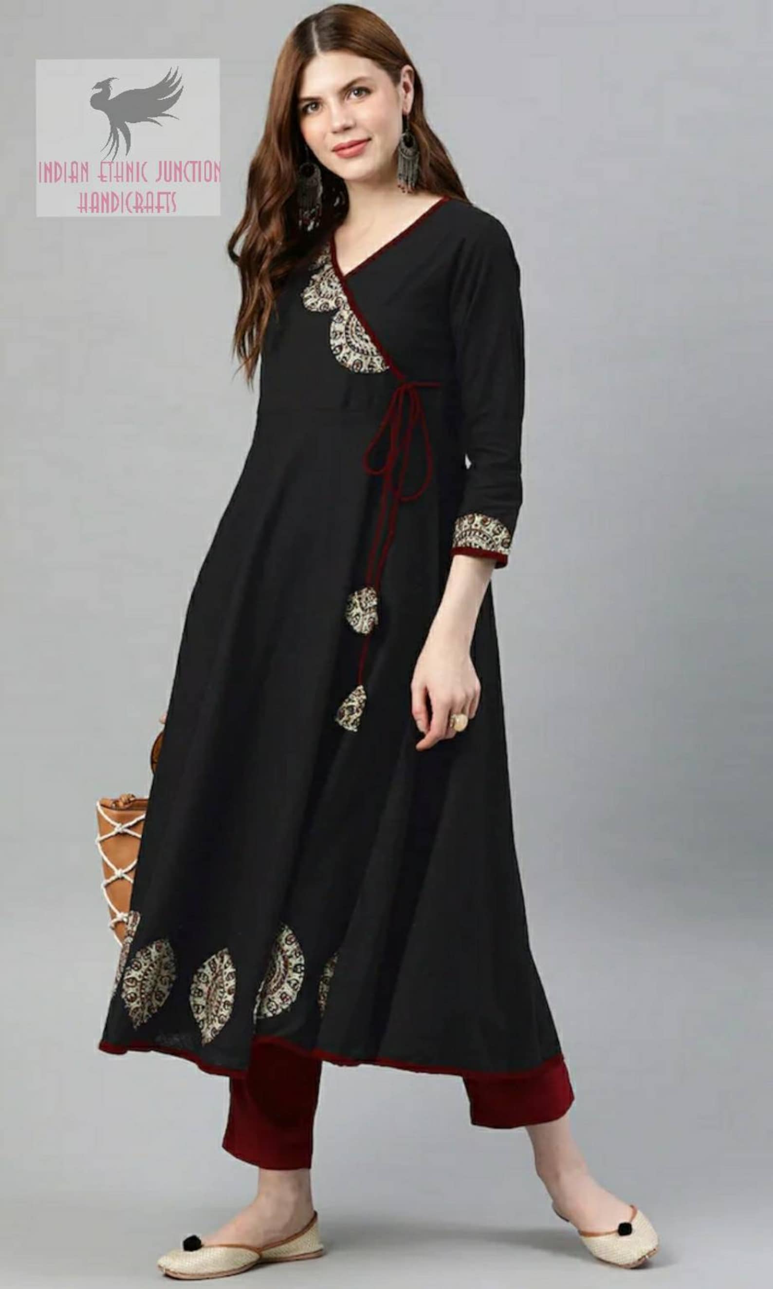 Buy Kurta Women Black Solid A-line Kurta With Appliques Indian Dress ...