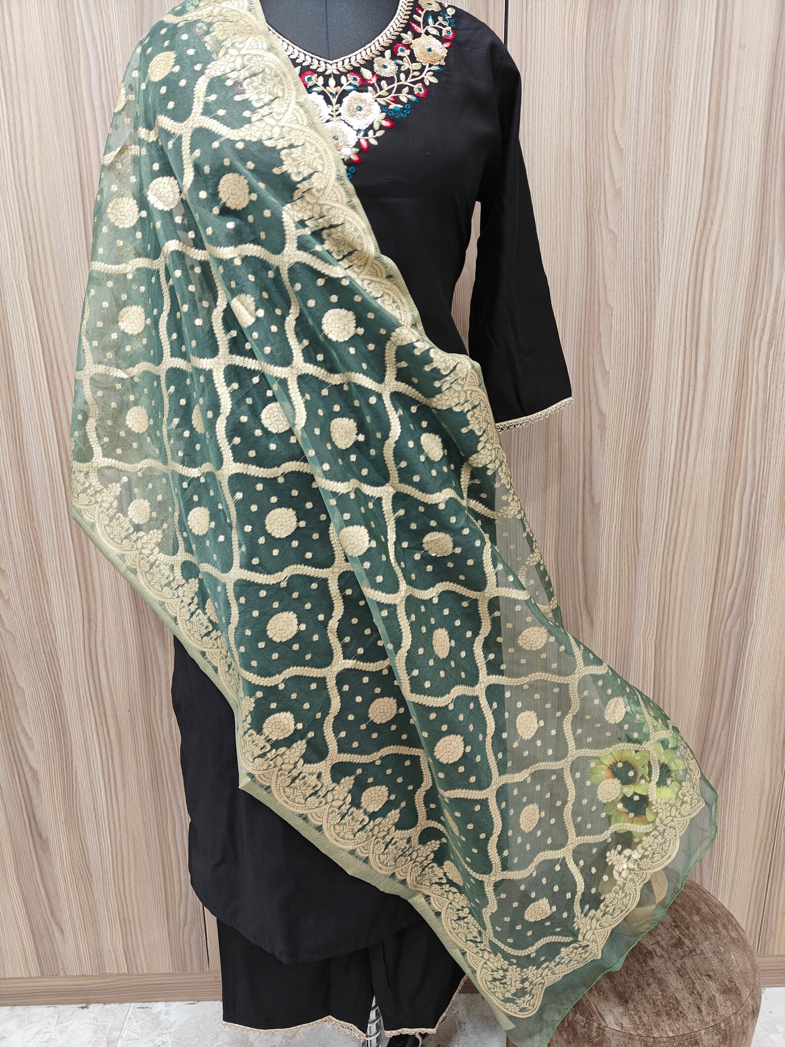 Silk Kurta Sets for Women - Black Embroidered Kurta Trousers & Dupatta ...