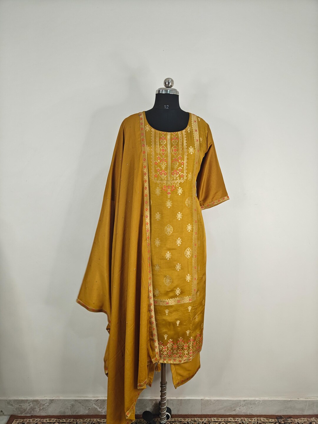 Silk Kurta Set - Mustard Yellow Woven Kurta Trouser & Dupatta - Indian ...