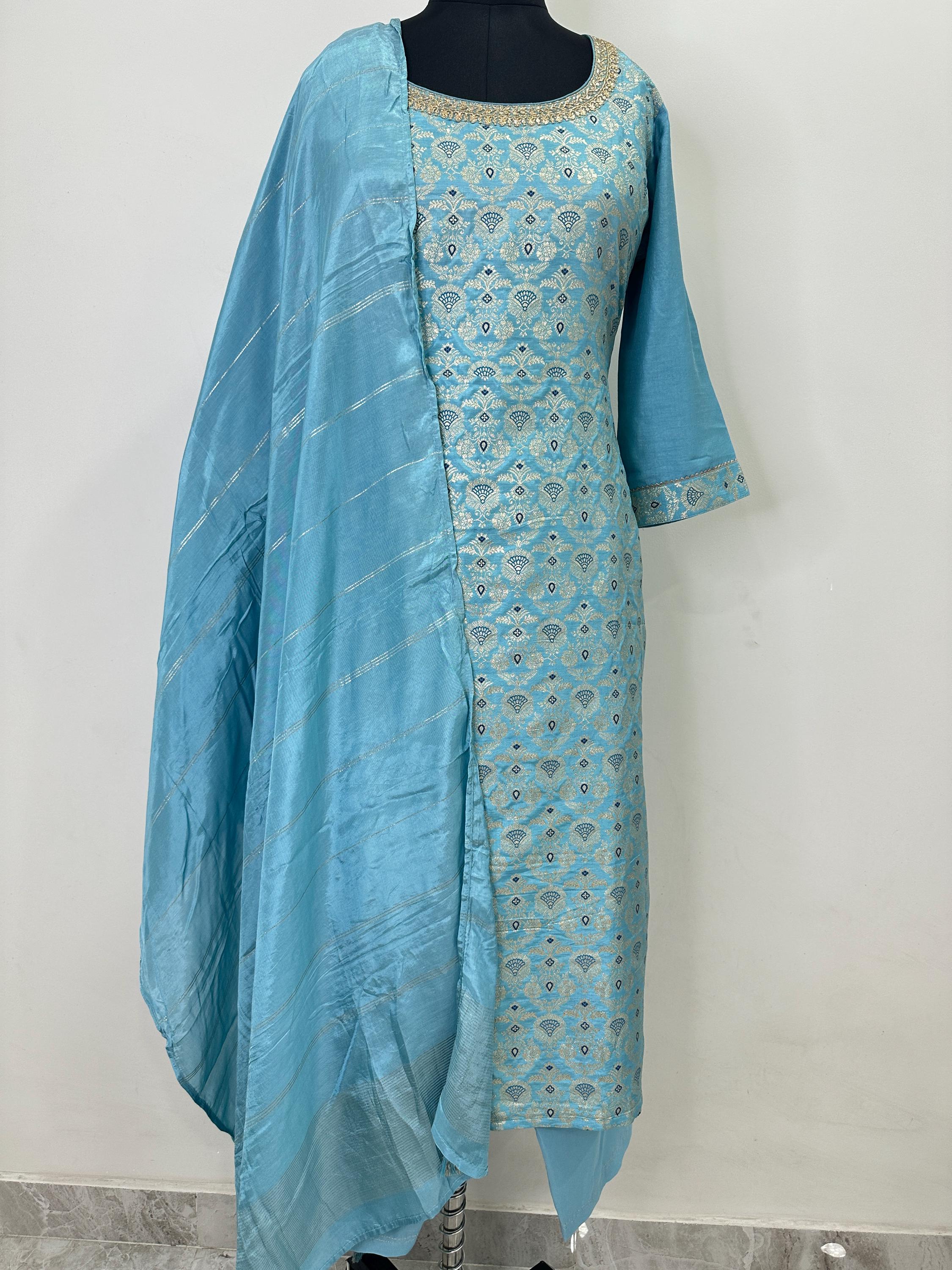 Silk Kurta Set - Blue Woven Design Kurta With Trousers & Dupatta ...
