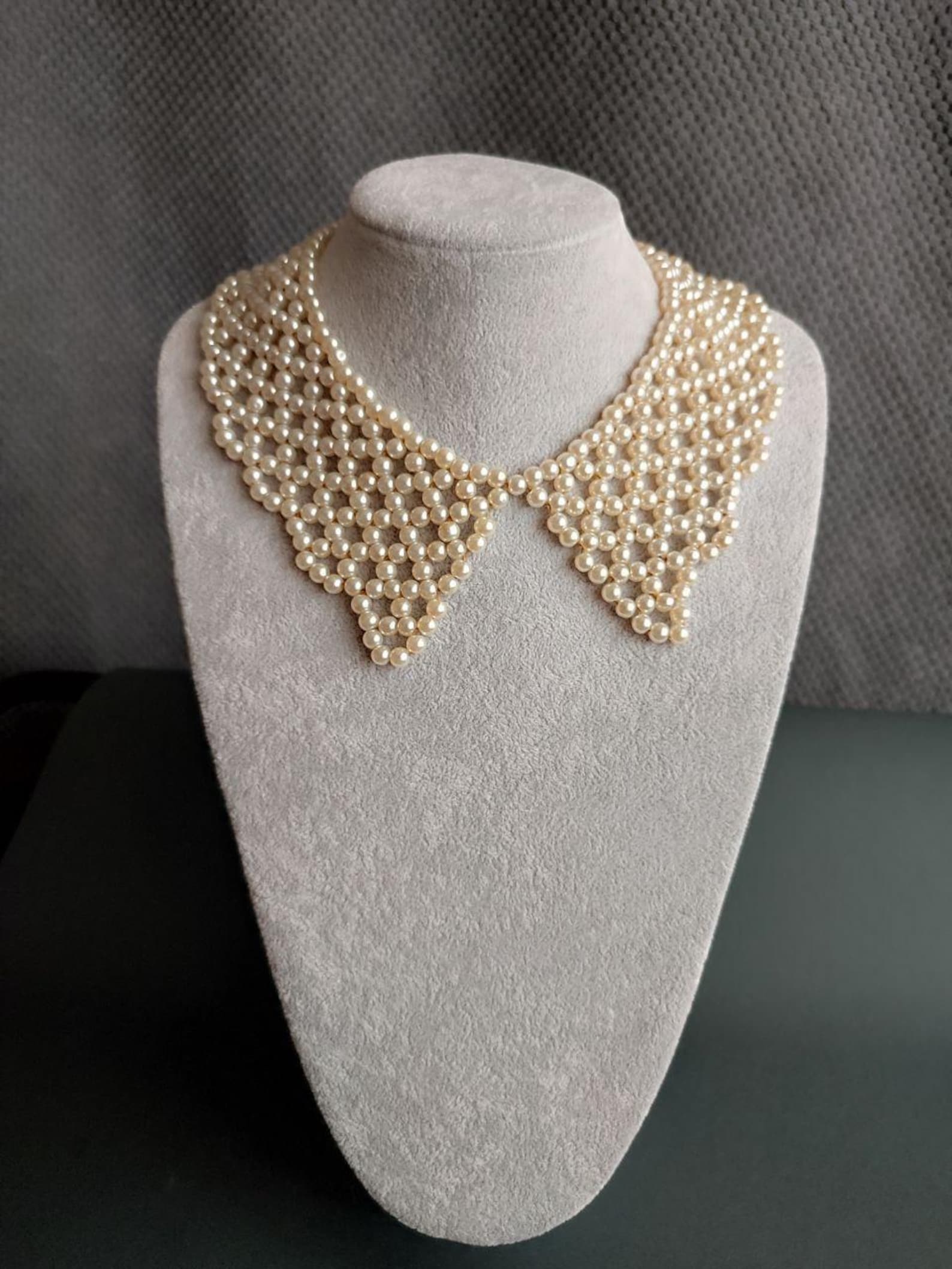 Beige Beaded Pearl Collar Vintage Jewel, Bridal Necklace Pointed Shape ...