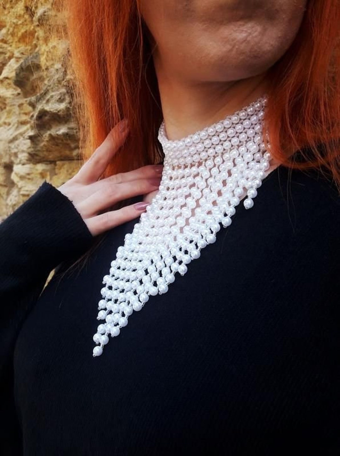 White Beaded Collar Necklace With Pearls Bridal Pointed Shape ...