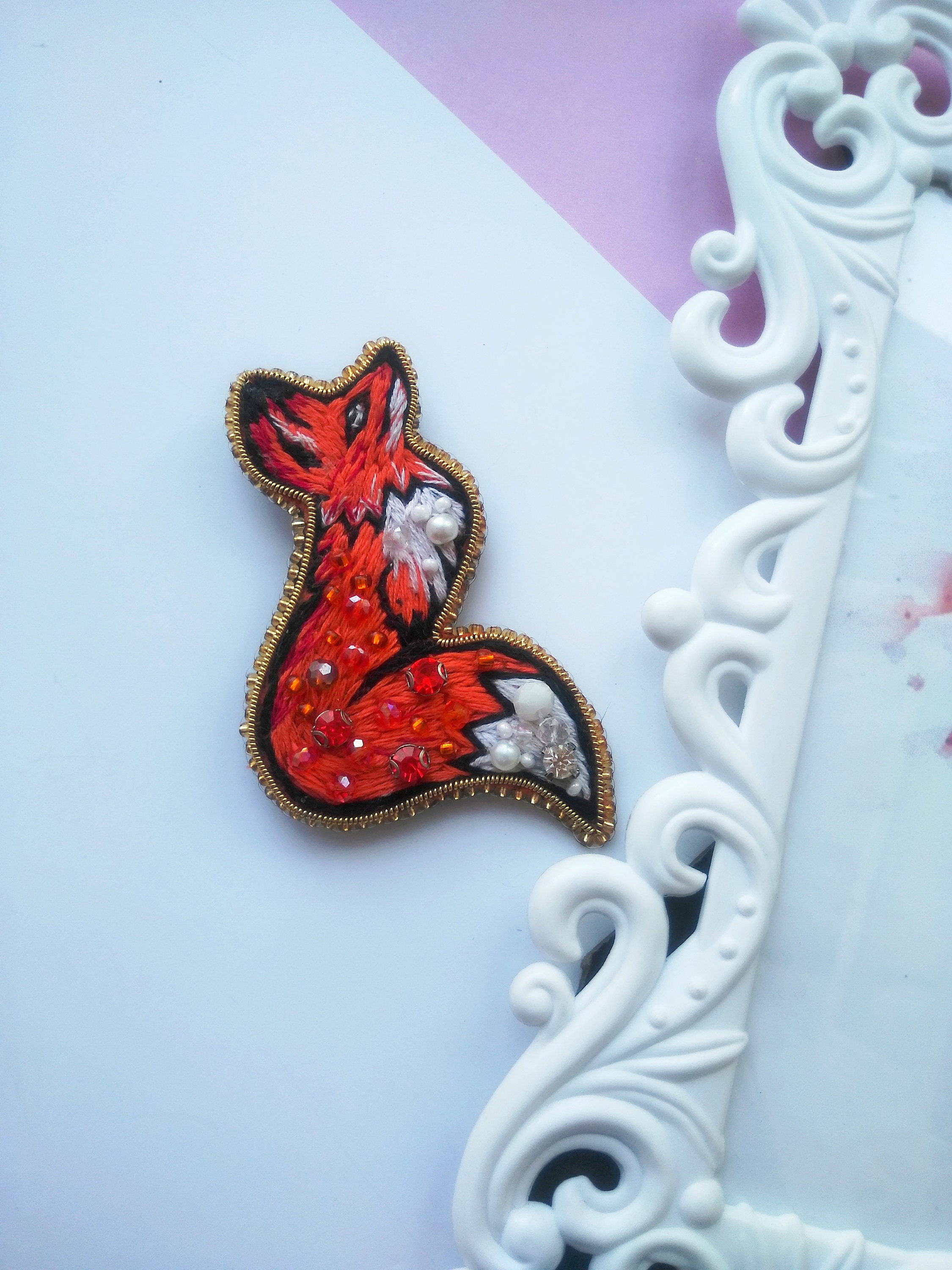 Red Fox Brooch Animal Beaded Brooch, Flower Fox Brooch, Contemporary ...