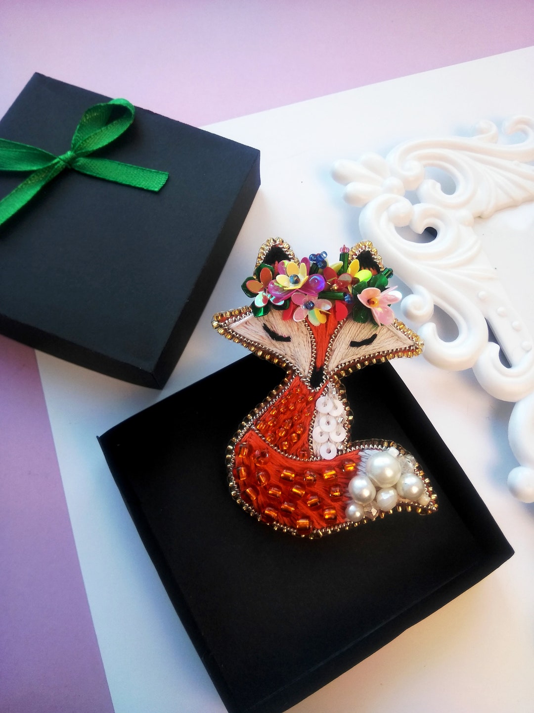 Red Fox Brooch Animal Beaded Brooch, Flower Fox Brooch, Contemporary ...