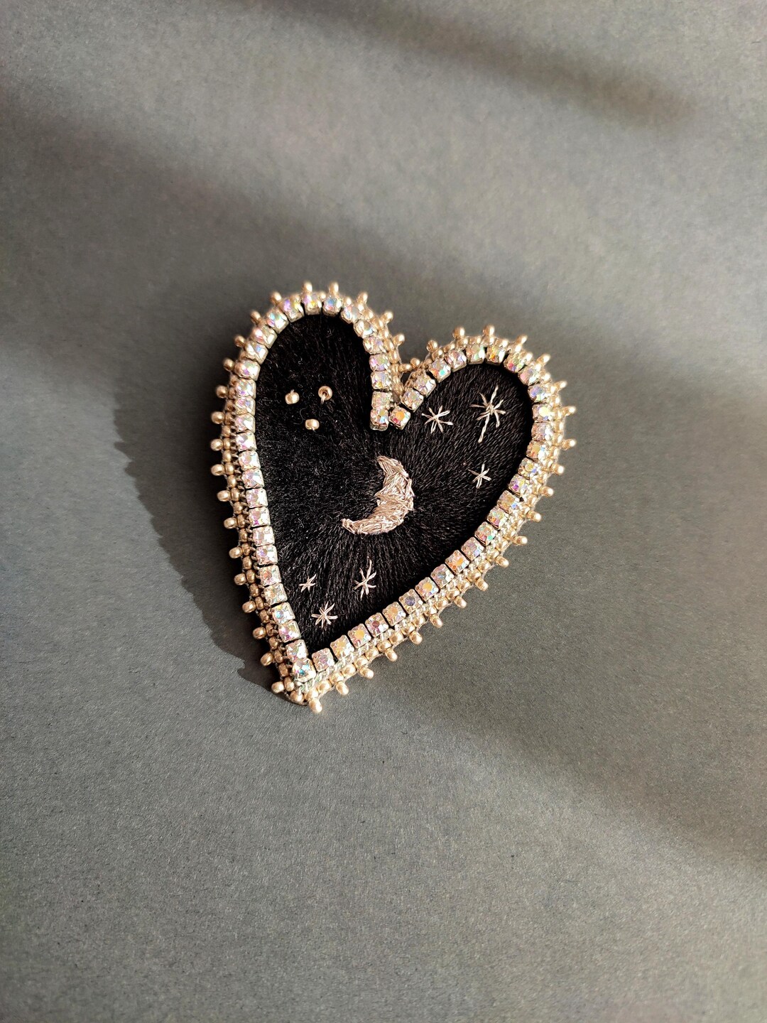Handmade Black Heart Silver Moon Tarot Pin, Witchy Jewelry Embroidery ...