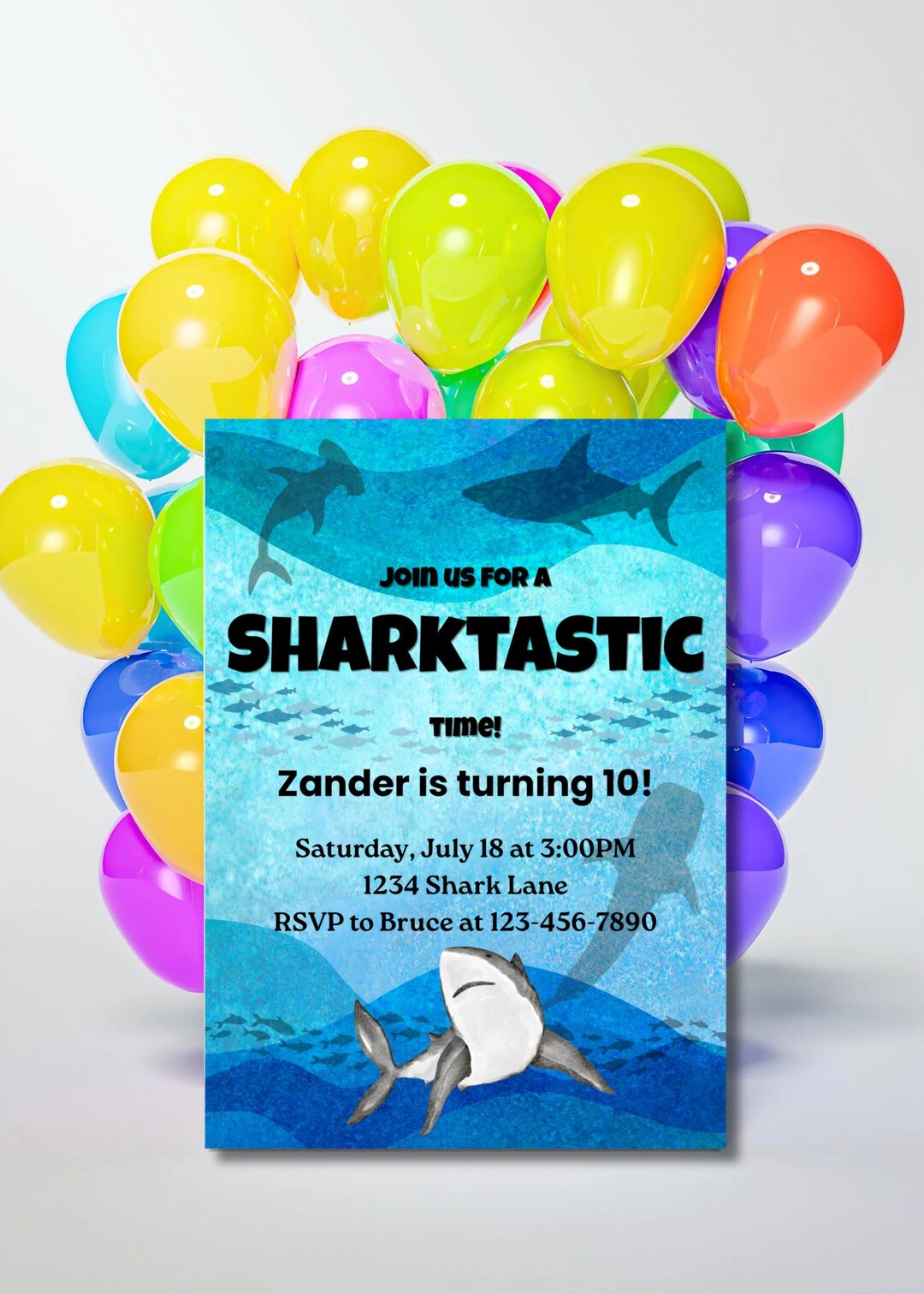 Sharktastic Time Birthday Invitation | Editable Canva Template | Shark ...