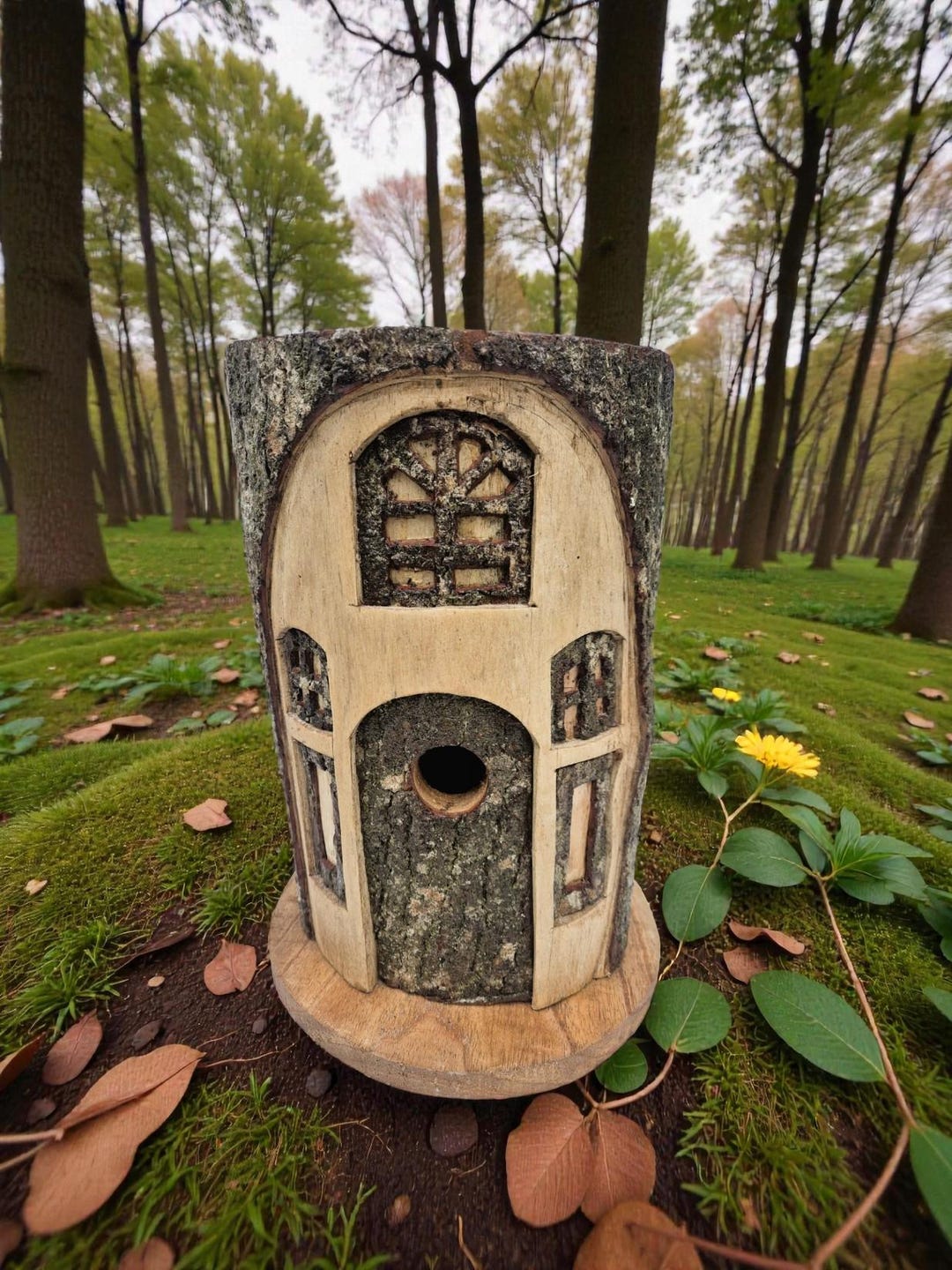 Hand Made Tree Trunk Bird House Carved Magical Rustic Wood Bird House ...