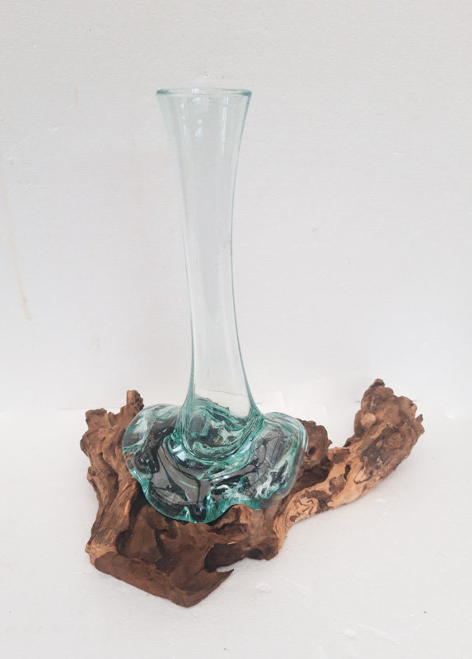 Melted Glass Flower Vase on Root Wood Unusual Hand Made Glass | Etsy