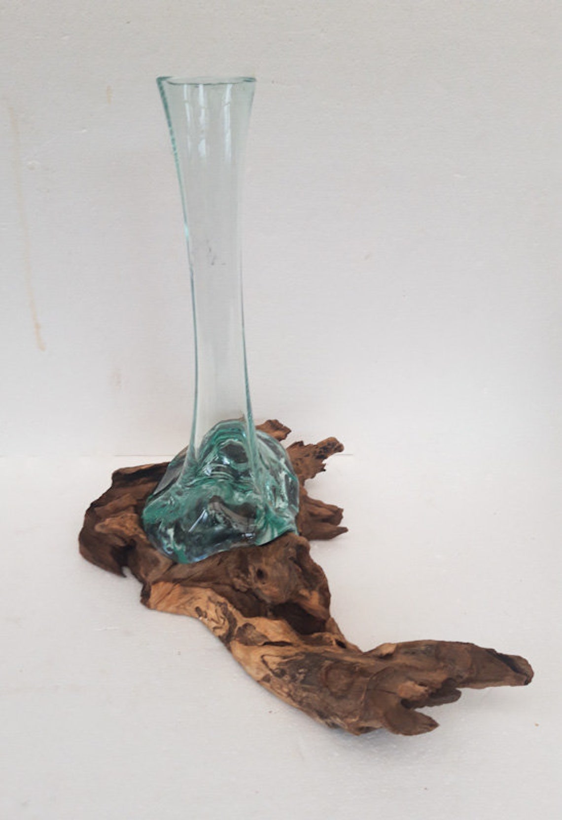 Melted Glass Flower Vase on Root Wood Unusual Hand Made Glass | Etsy