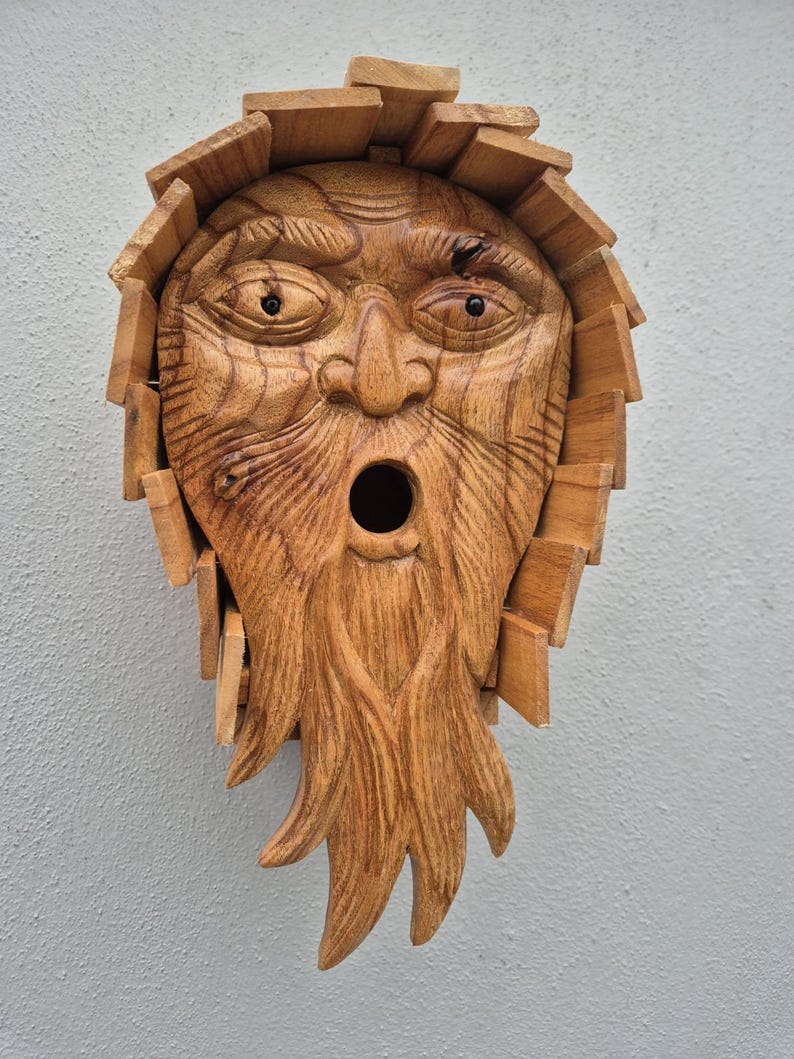 Hand Made Wooden Face Bird House Wizard Bird House Carved Magical ...