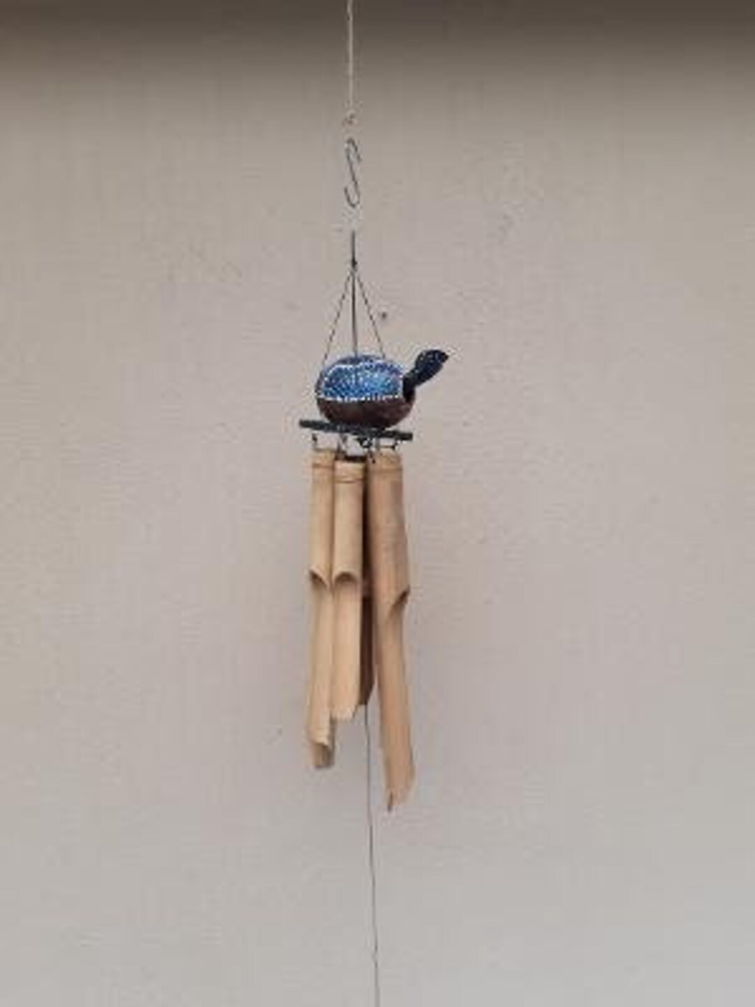 Unusual Bamboo Coconut Nodding Turtle Wind Chime Blue Hand Painted ...