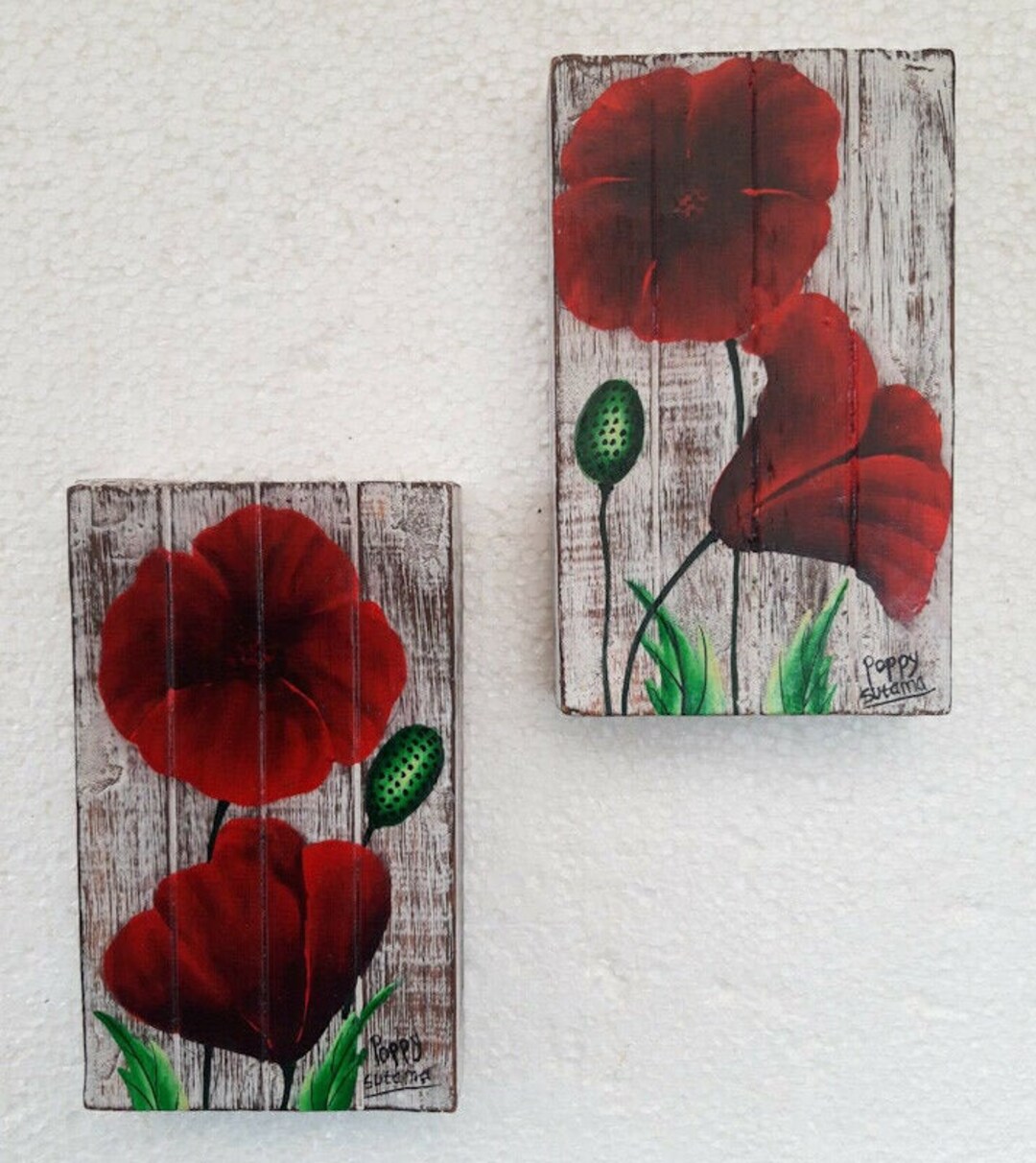 2 X Hand Painted Shabby Chic Poppy Wall Plaques 20cm Rustic Flower ...