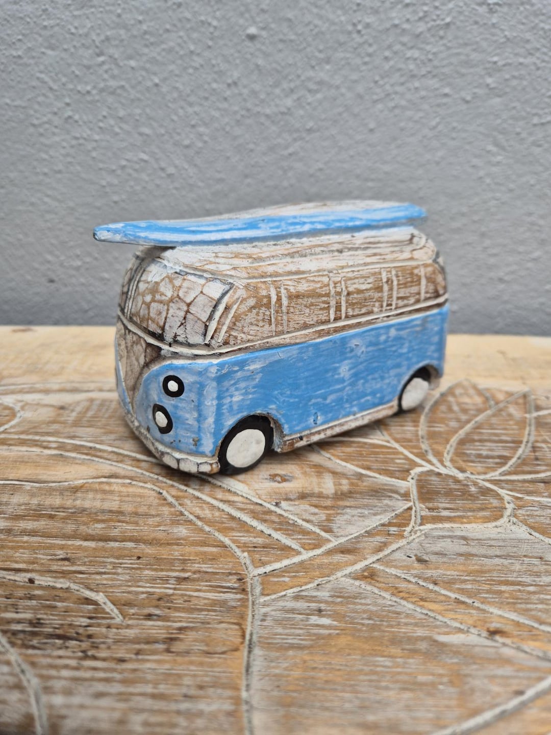Hand Carved Camper Van Model VW Wooden Camper Van Model Blue Camper Van ...