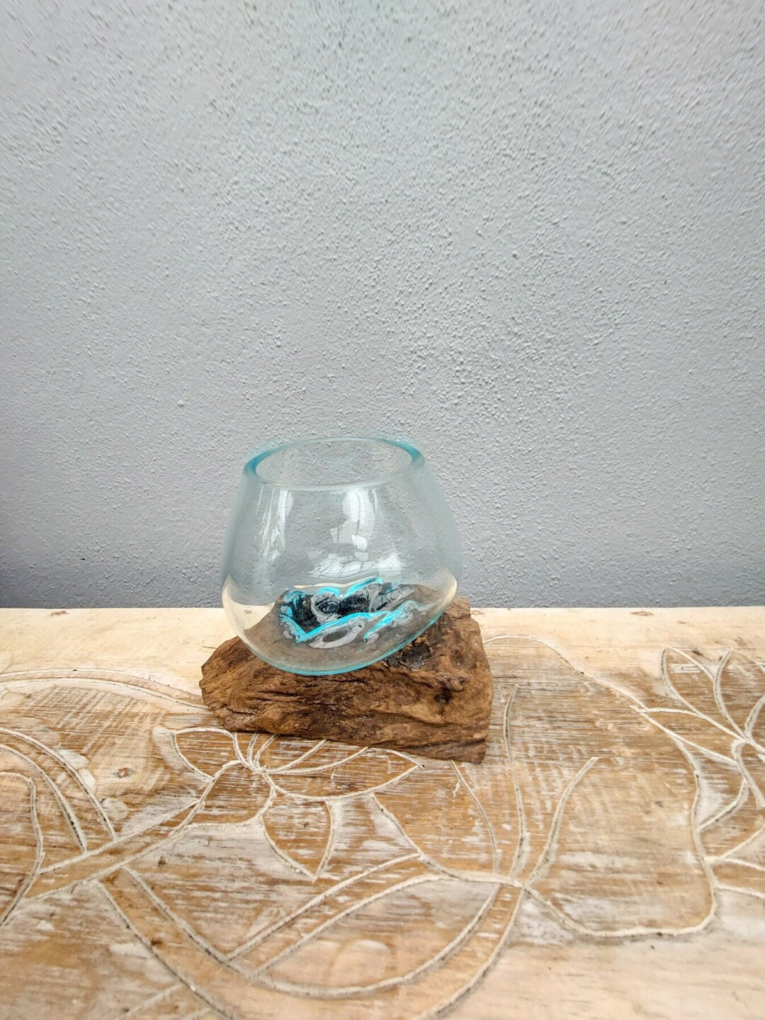 Melted Glass and Distressed Wood Ornamental Bowl or Terrarium Melted ...