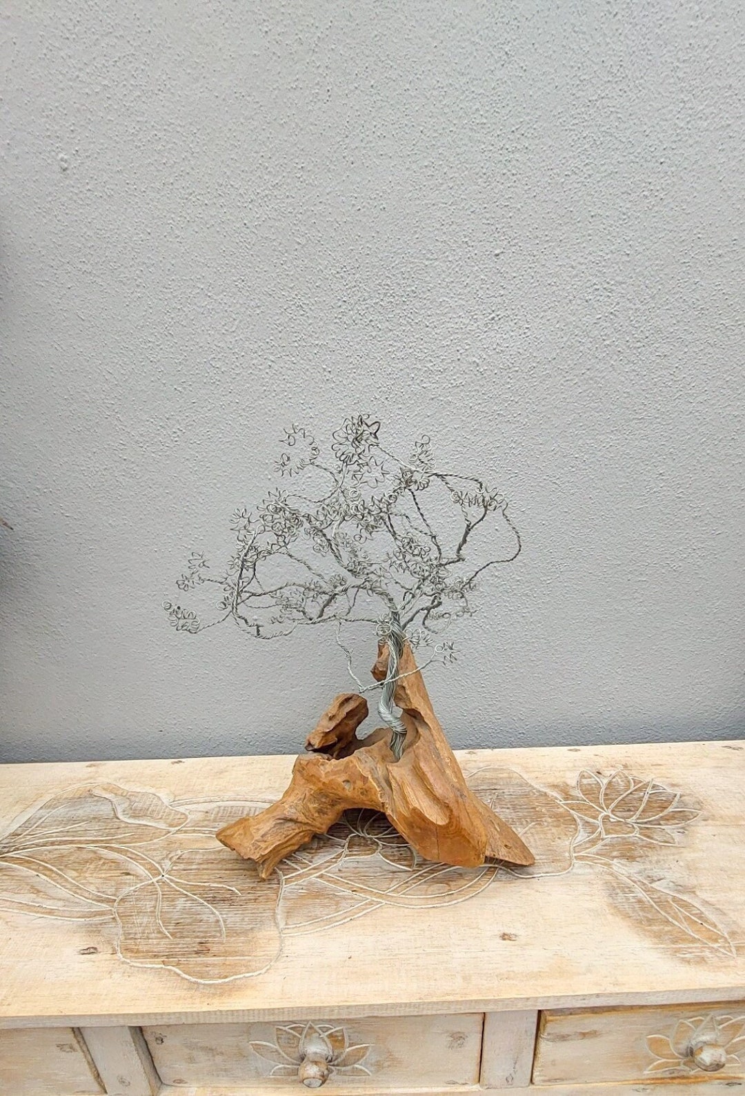 Unusual Twisted Wire Metal Tree on Teak Silver Metal Tree Island 35cm ...