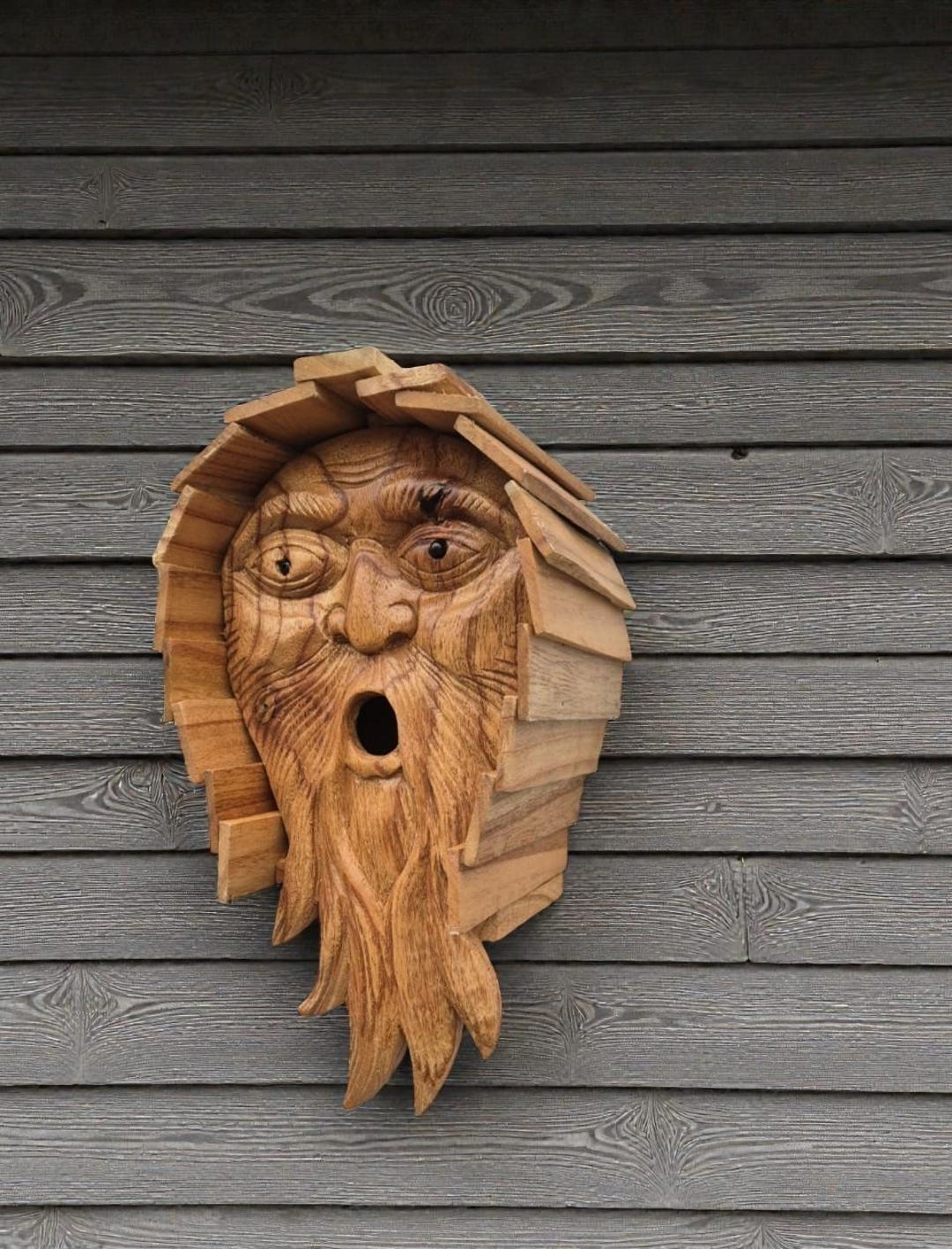 Hand Made Wooden Face Bird House Wizard Bird House Carved Magical ...