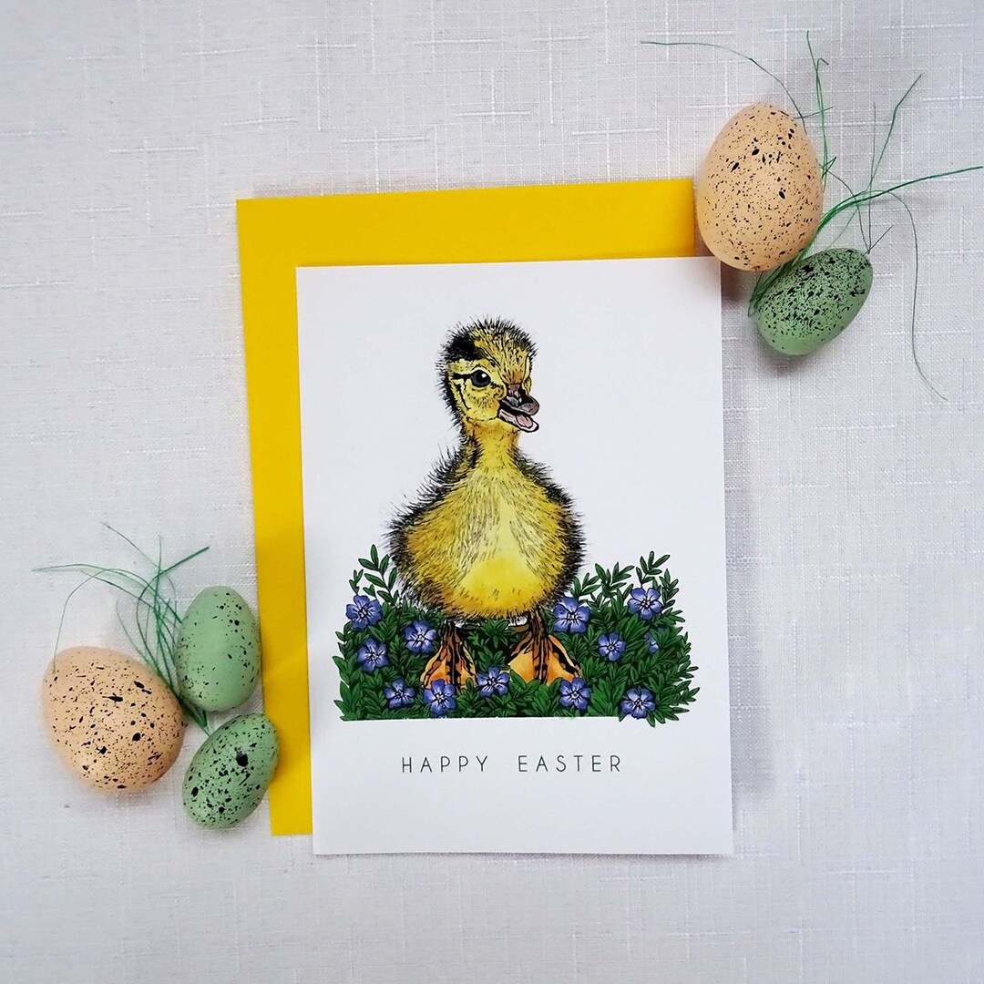 Yellow Duckling Easter Card, Cute Baby Duck With Blue Flowers, Spring ...