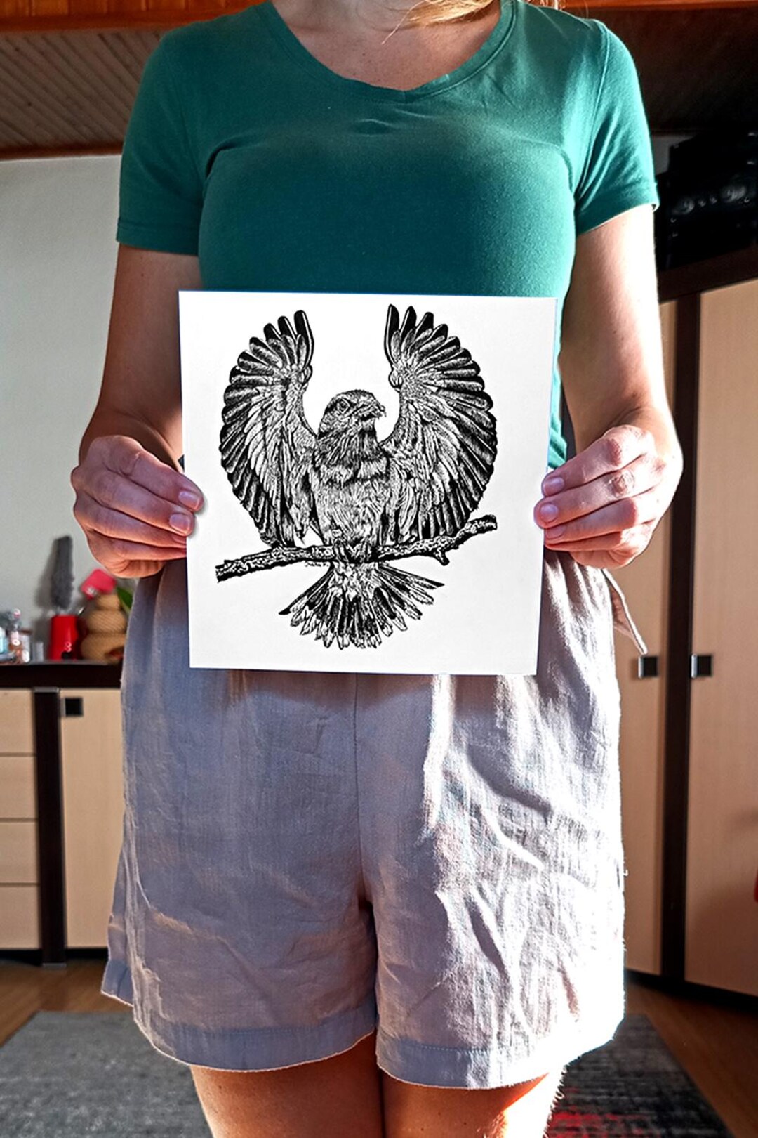 Authentic Drawing of Winged Bird, Real Life Nature Art for Rustic Home ...