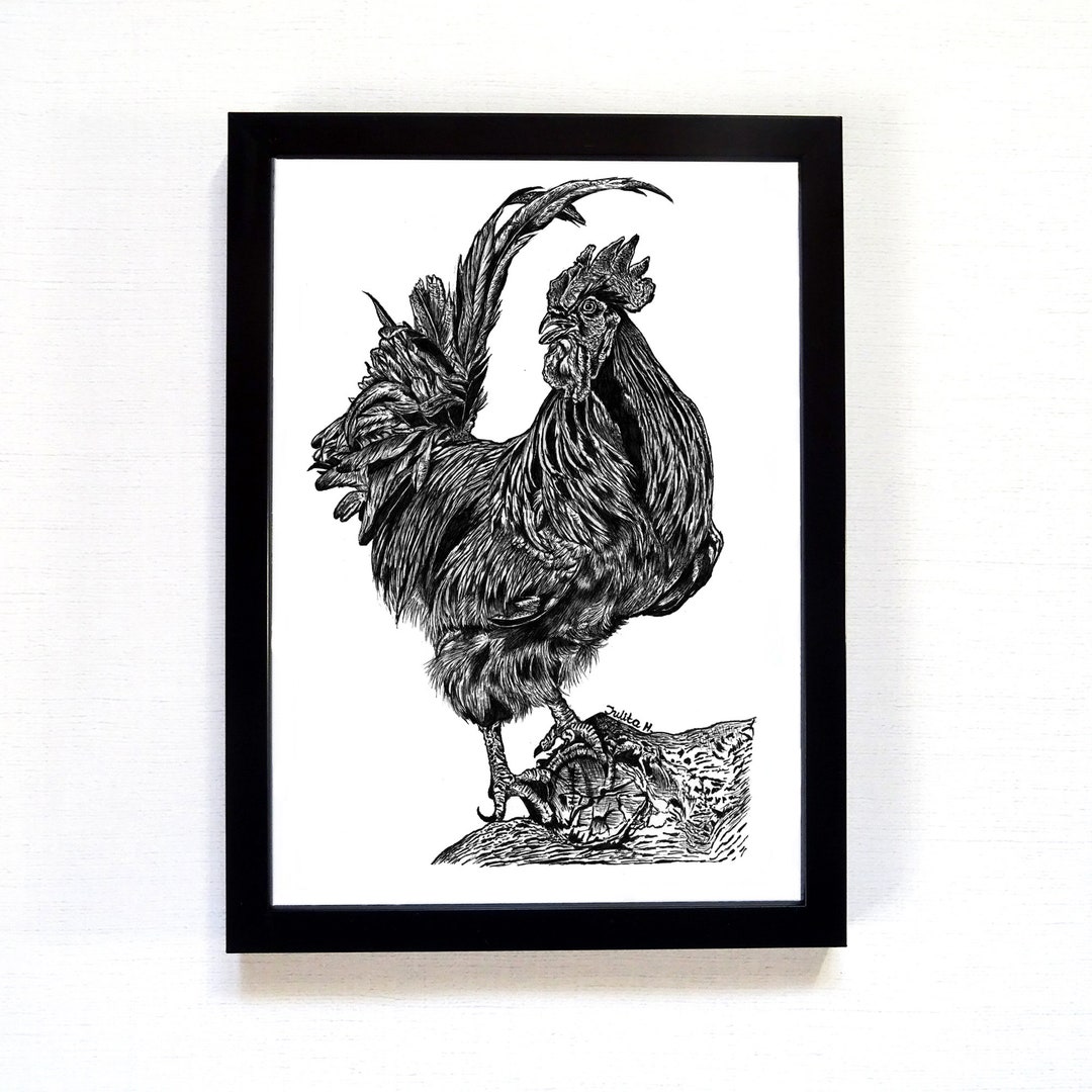 Gallic Rooster Original Drawing, Wall Decor Farm Animal Art, Chicken ...