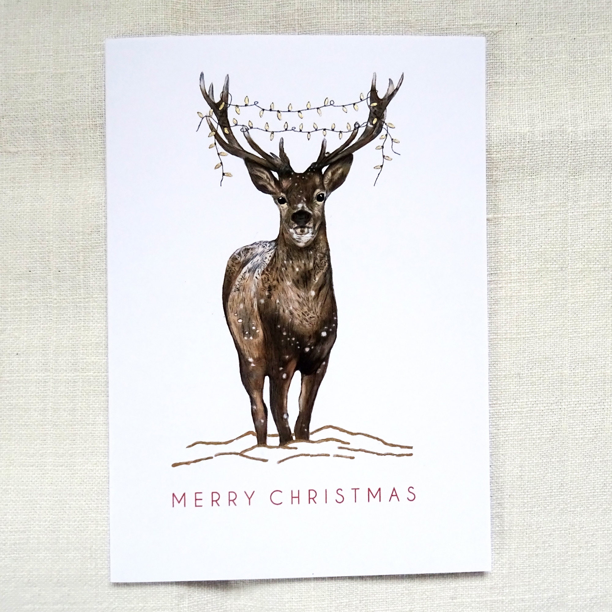 Reindeer Christmas Card With Golden Lights Merry Xmas Animal - Etsy