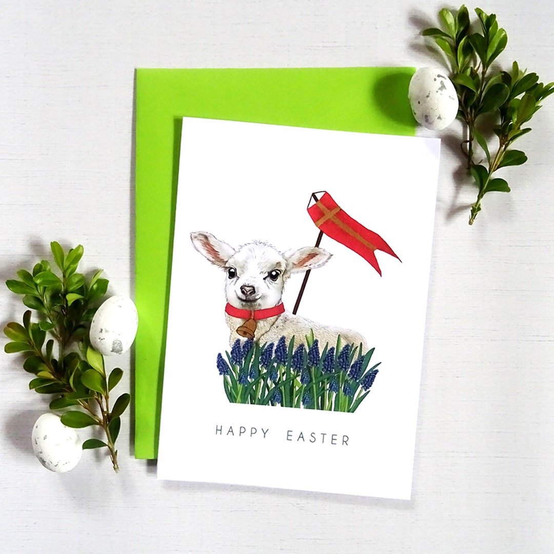 Lamb of God Easter Card, Paschal Sheep Illustration, Spring Flower ...