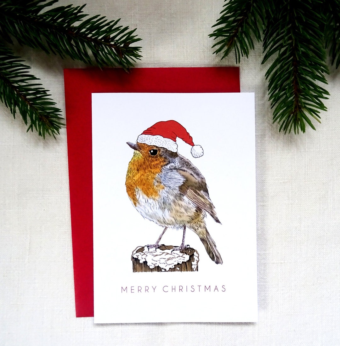 Robin Bird Christmas Card With Santa Hat Merry Xmas Gift for - Etsy Canada